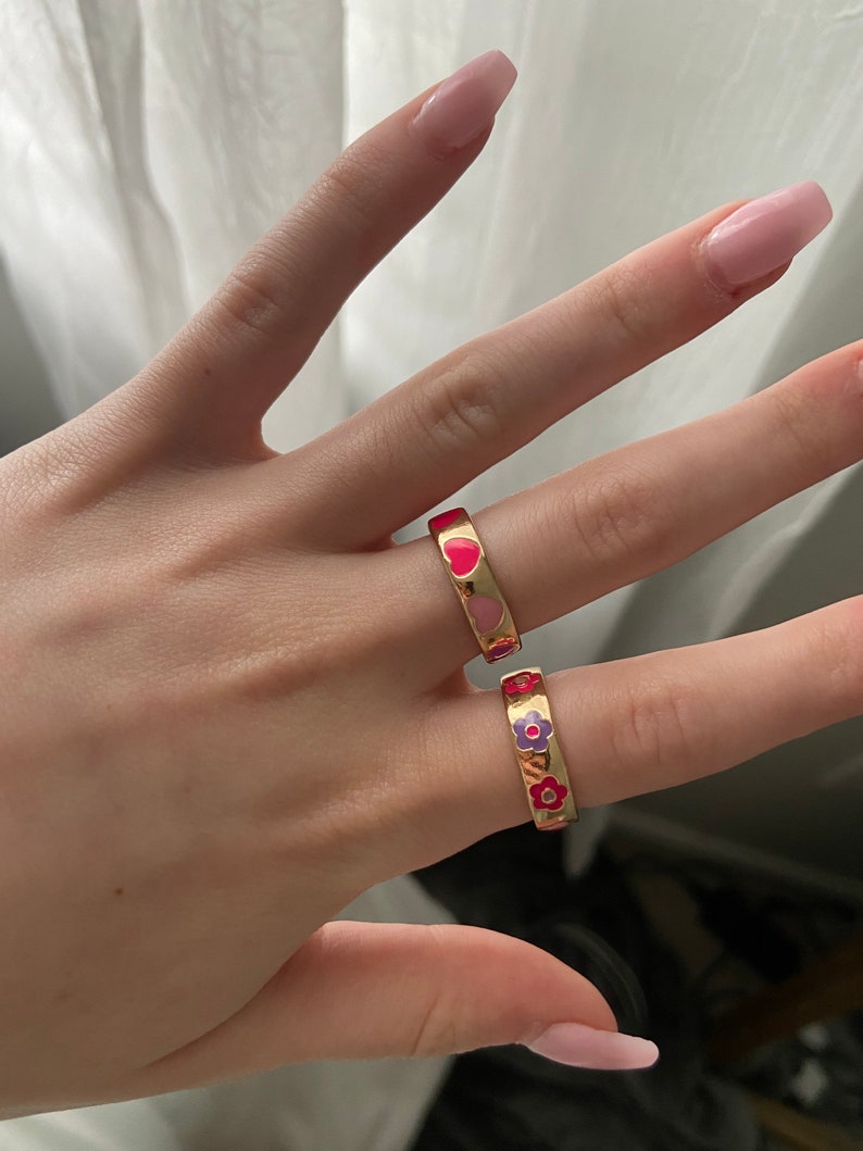 Gold & Pink Heart Rings, Flower Ring, Gold Jewelry, Gift for Her, Gold ...