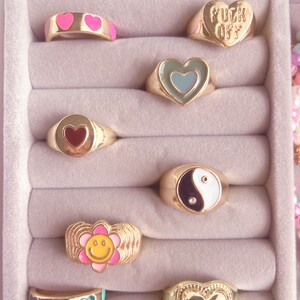 Gold & Pink Heart Rings, Flower Ring, Gold Jewelry, Gift for Her, Gold ...