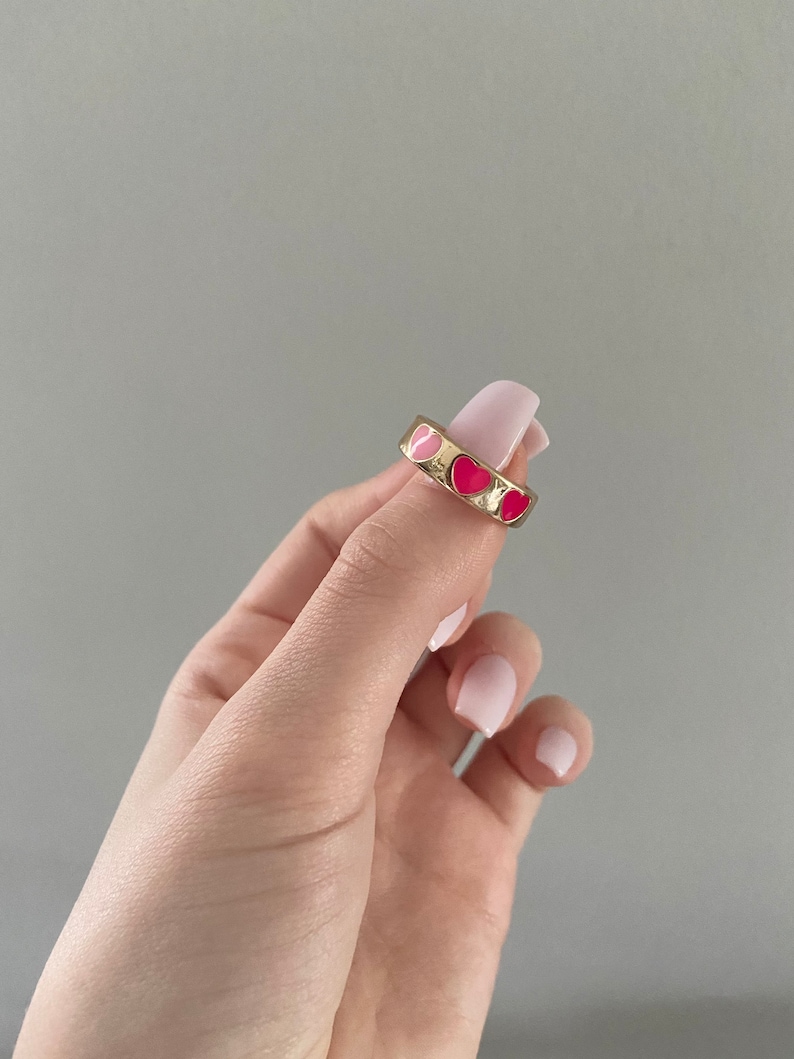Gold & Pink Heart Rings, Flower Ring, Gold Jewelry, Gift for Her, Gold ...