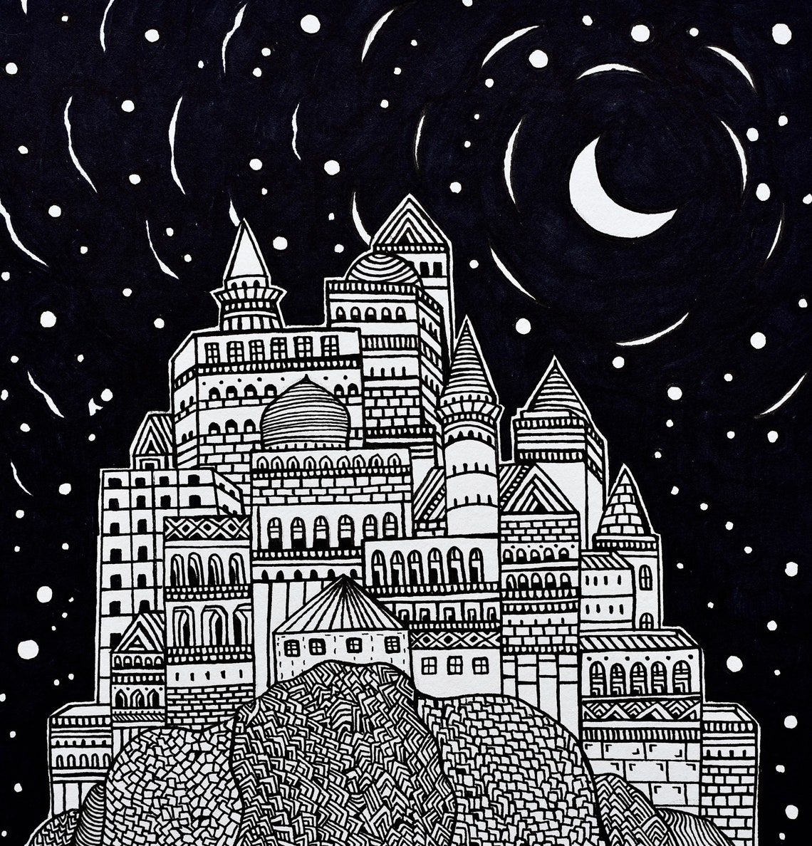 Castle Upon the Hill | Pen Drawing, Mountains, Moon, Nature, Castle ...