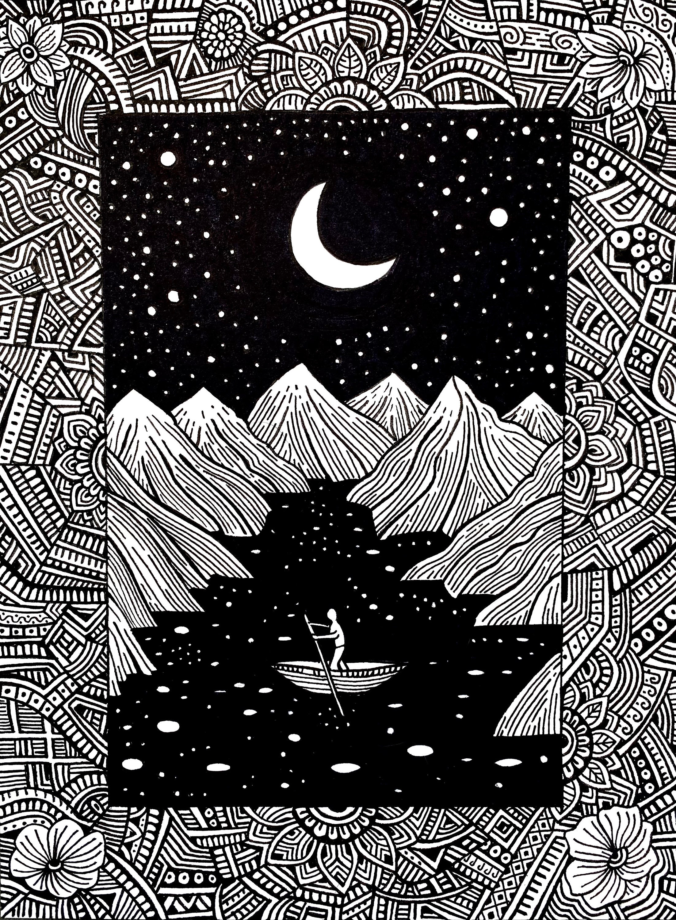 Night of Discovery | Ink and Pen Drawing, Moon, Nature, Mountains ...