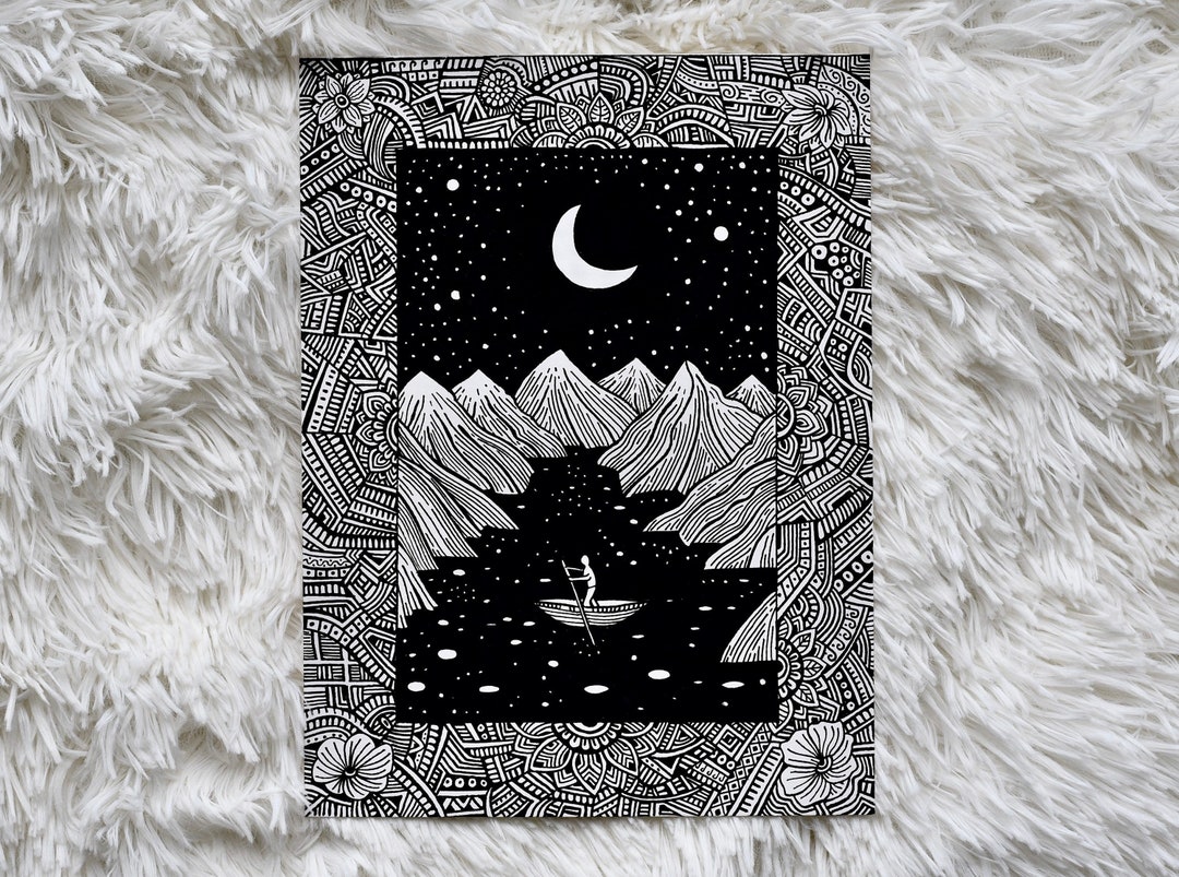 Night of Discovery | Ink and Pen Drawing, Moon, Nature, Mountains ...