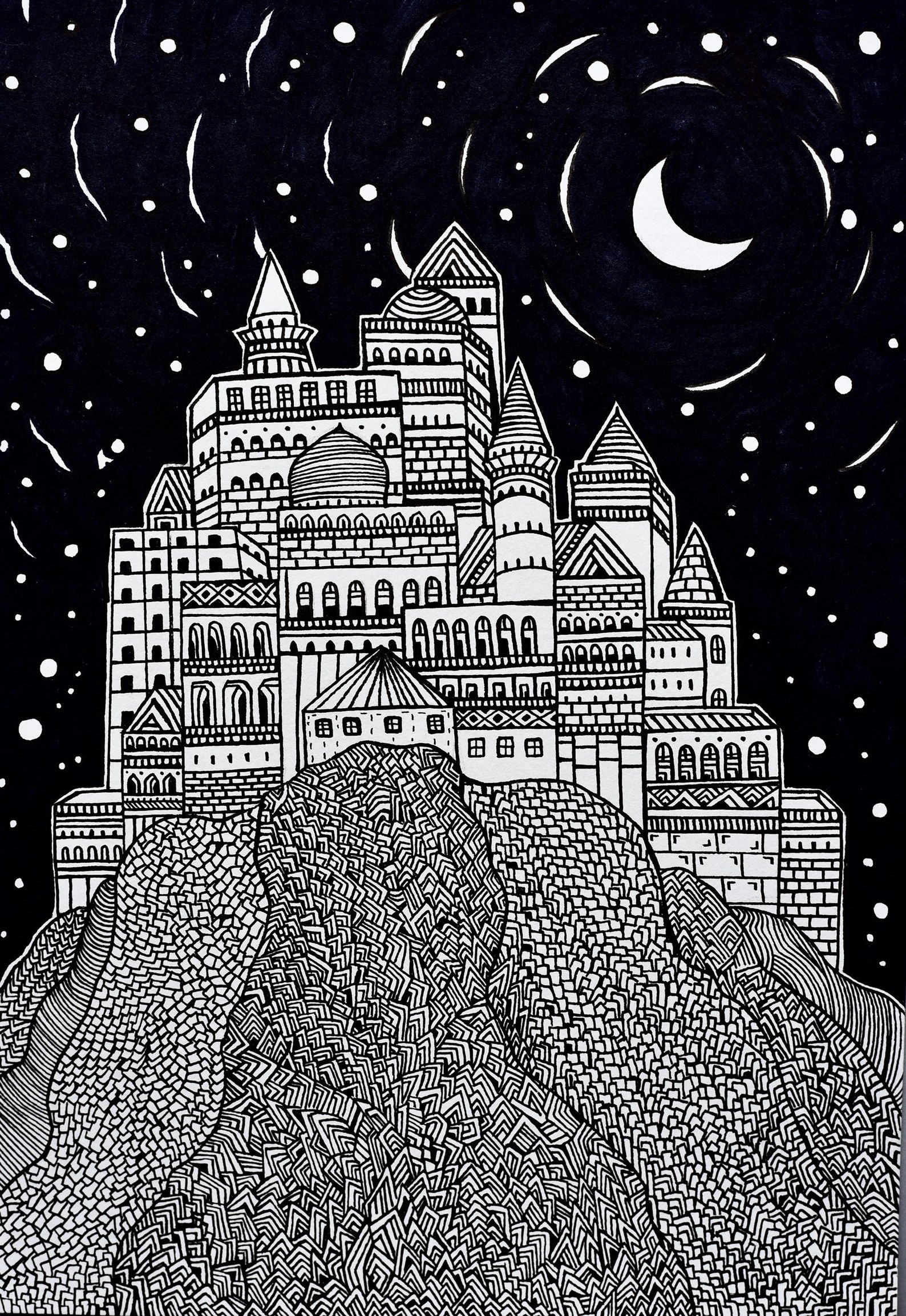 Castle Upon the Hill | Pen Drawing, Mountains, Moon, Nature, Castle ...