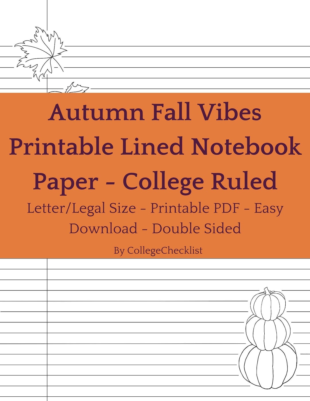 Cute Printable College Ruled Lined Notebook Paper With Margins - Autumn ...