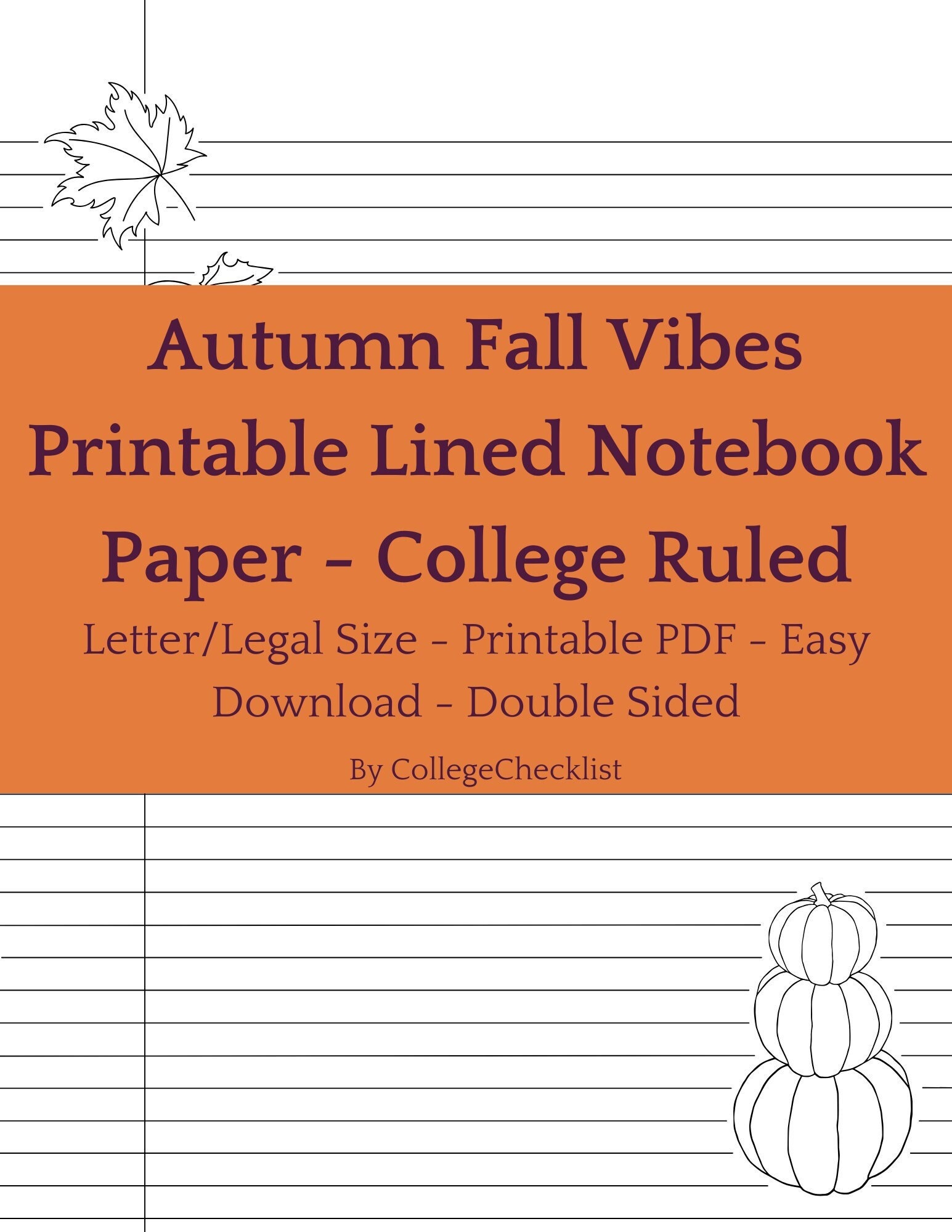 Cute Printable College Ruled Lined Notebook Paper With Margins - Autumn ...