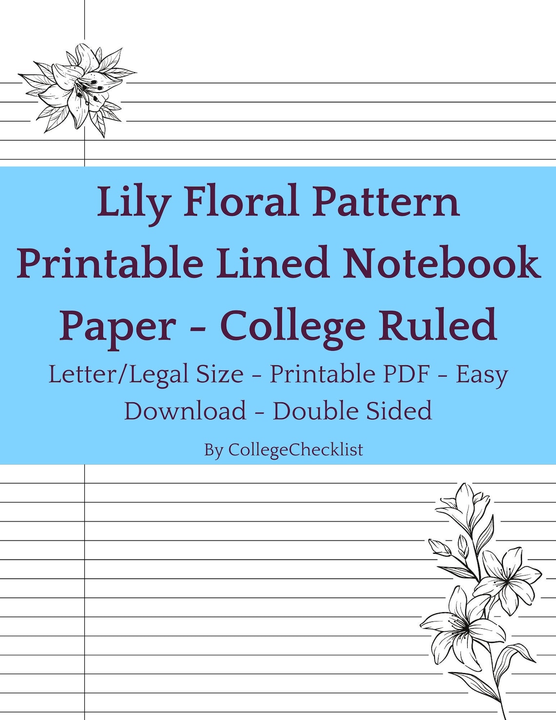 Cute Printable College Ruled Lined Notebook Paper With Margins - Floral ...