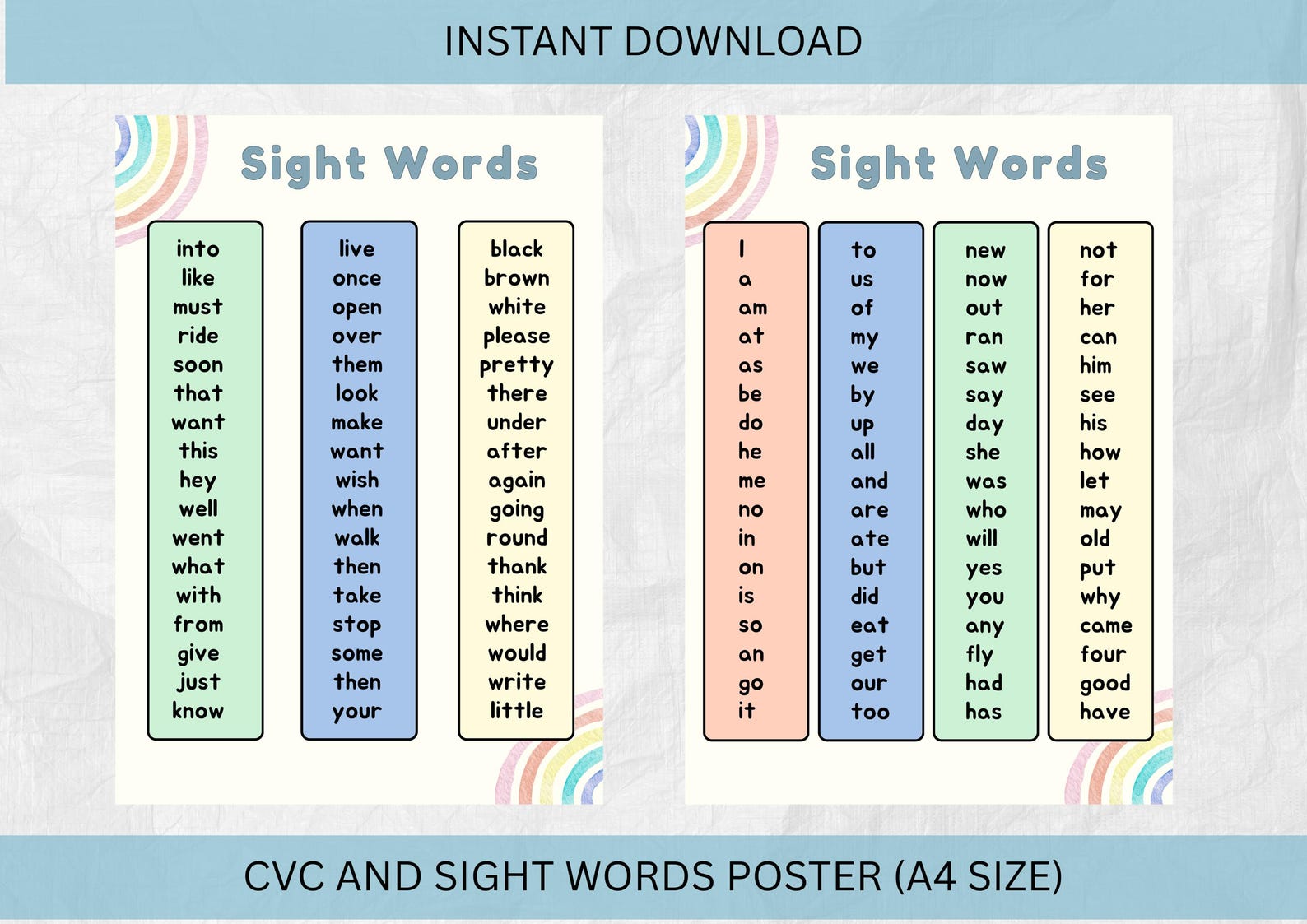 CVC Words, Sight Words Wall Poster Instant Download | Digital File - Etsy