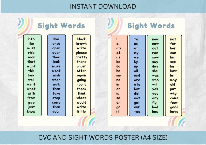 CVC Words, Sight Words Wall Poster Instant Download | Digital File - Etsy