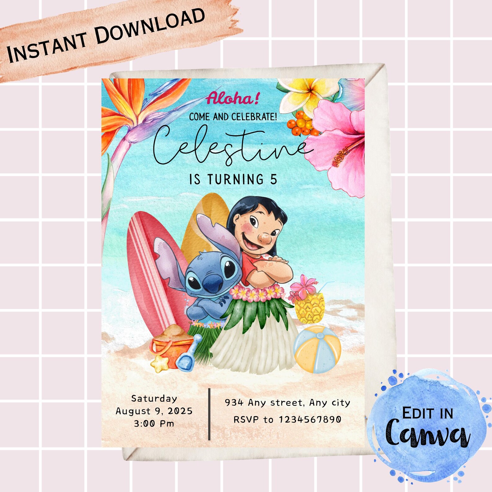 Editable Lilo and Stitch Birthday Invitation | Girl Boy Birthday ...