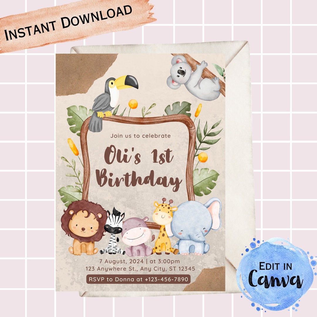 Editable Safari Themed Invitation Editable Canva Safari Birthday ...