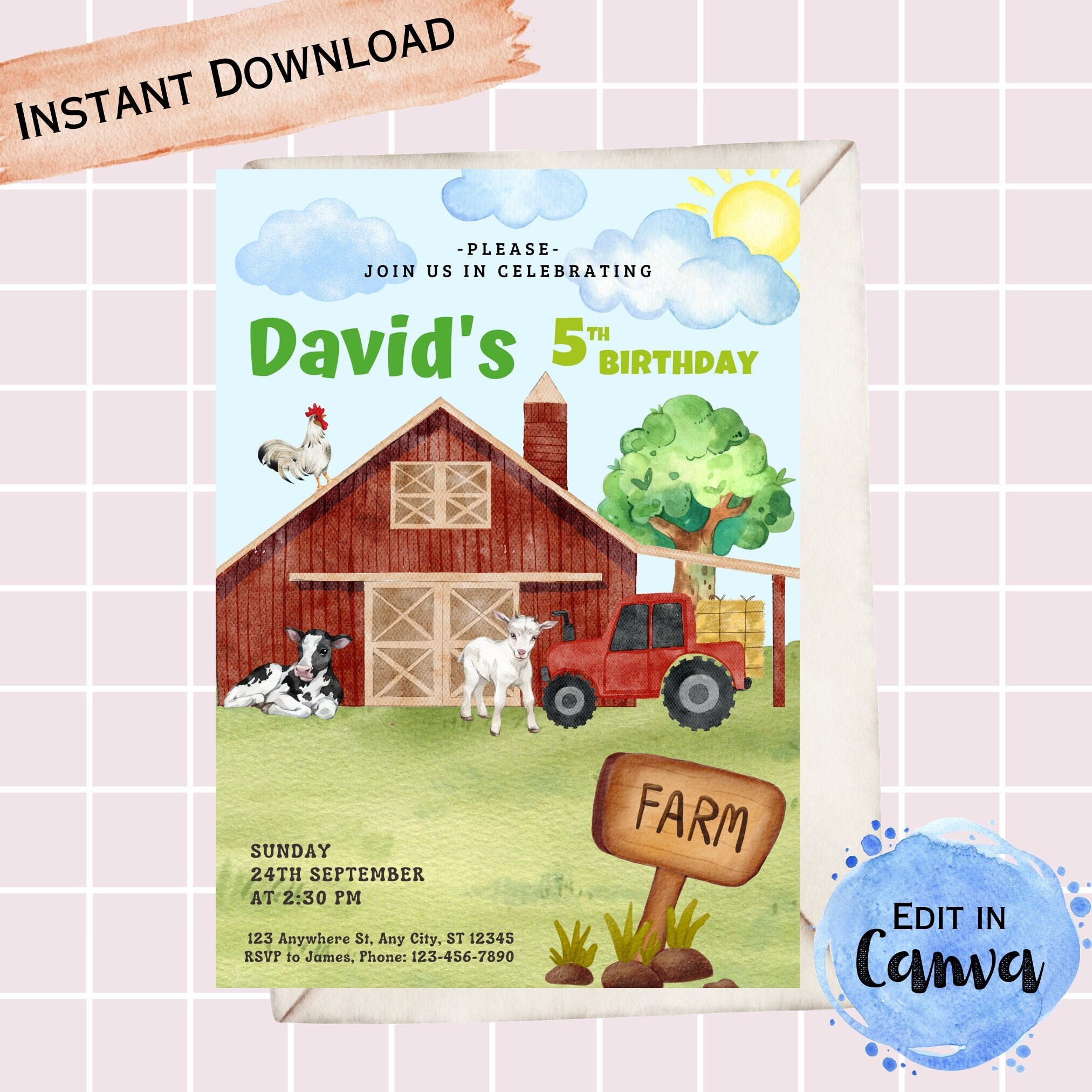 Editable Farm Themed Invitation Editable Canva Farm Birthday Invitation ...