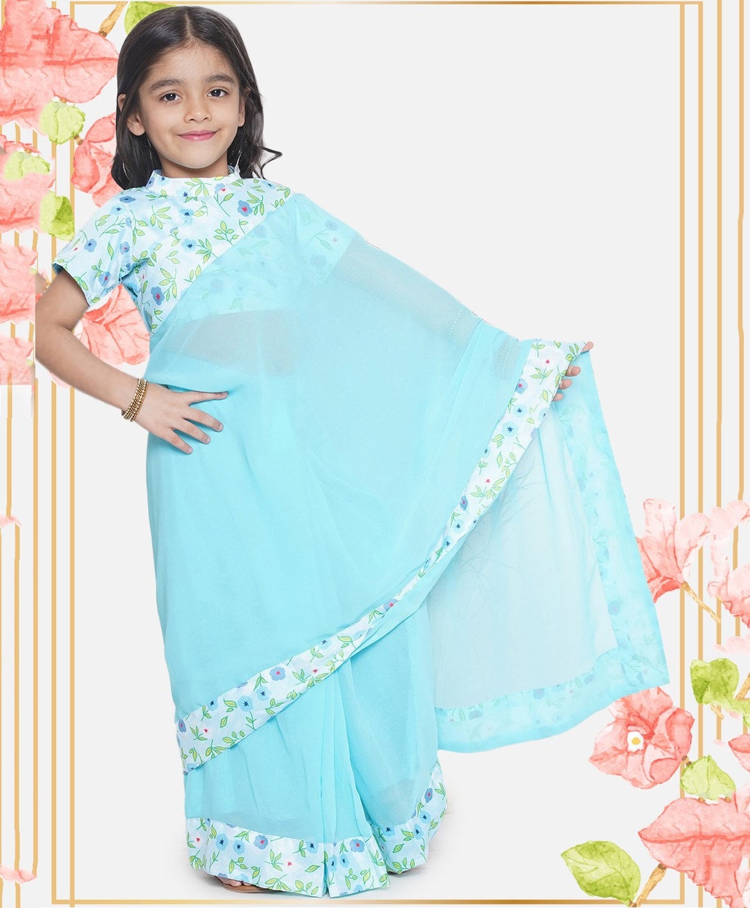 Indian Kids Girl Dress, Saree for Kids Girls Sleeveless Golden Floral ...