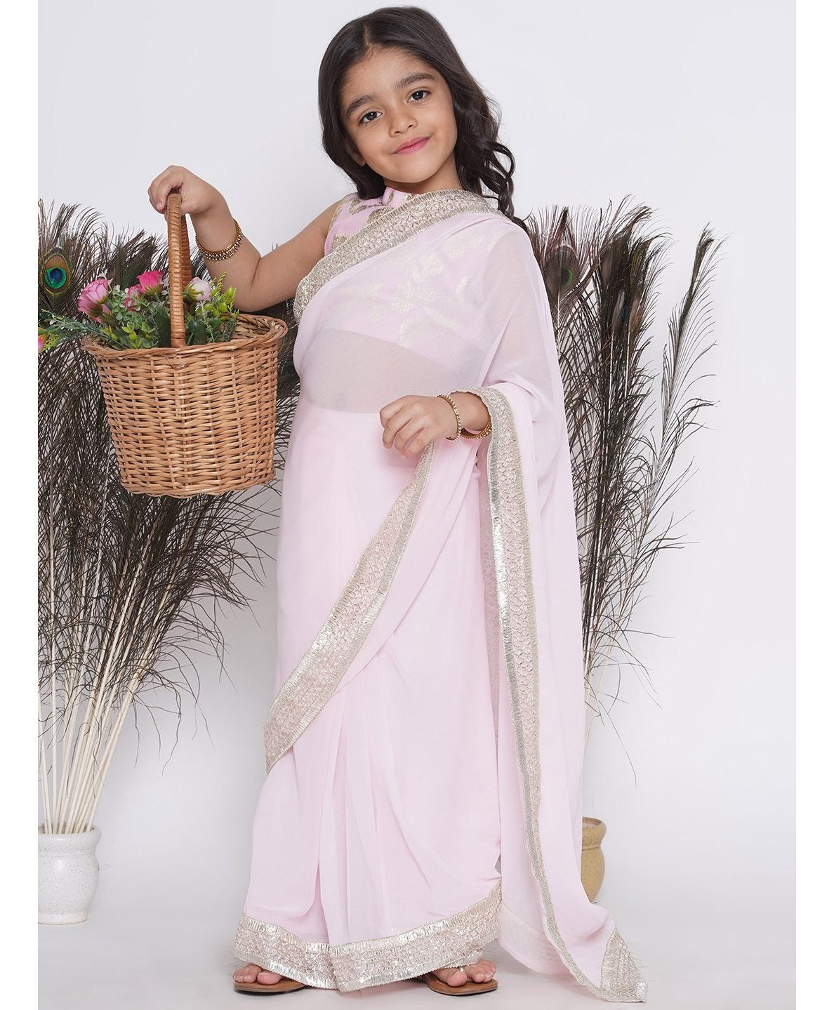 Indian Kids Girl Dress, Saree for Kids Girls Sleeveless Golden Floral ...