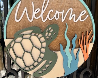 Sea Turtle, Turtle, Ocean Themed Welcome Sign, Beach Theme Round Door ...