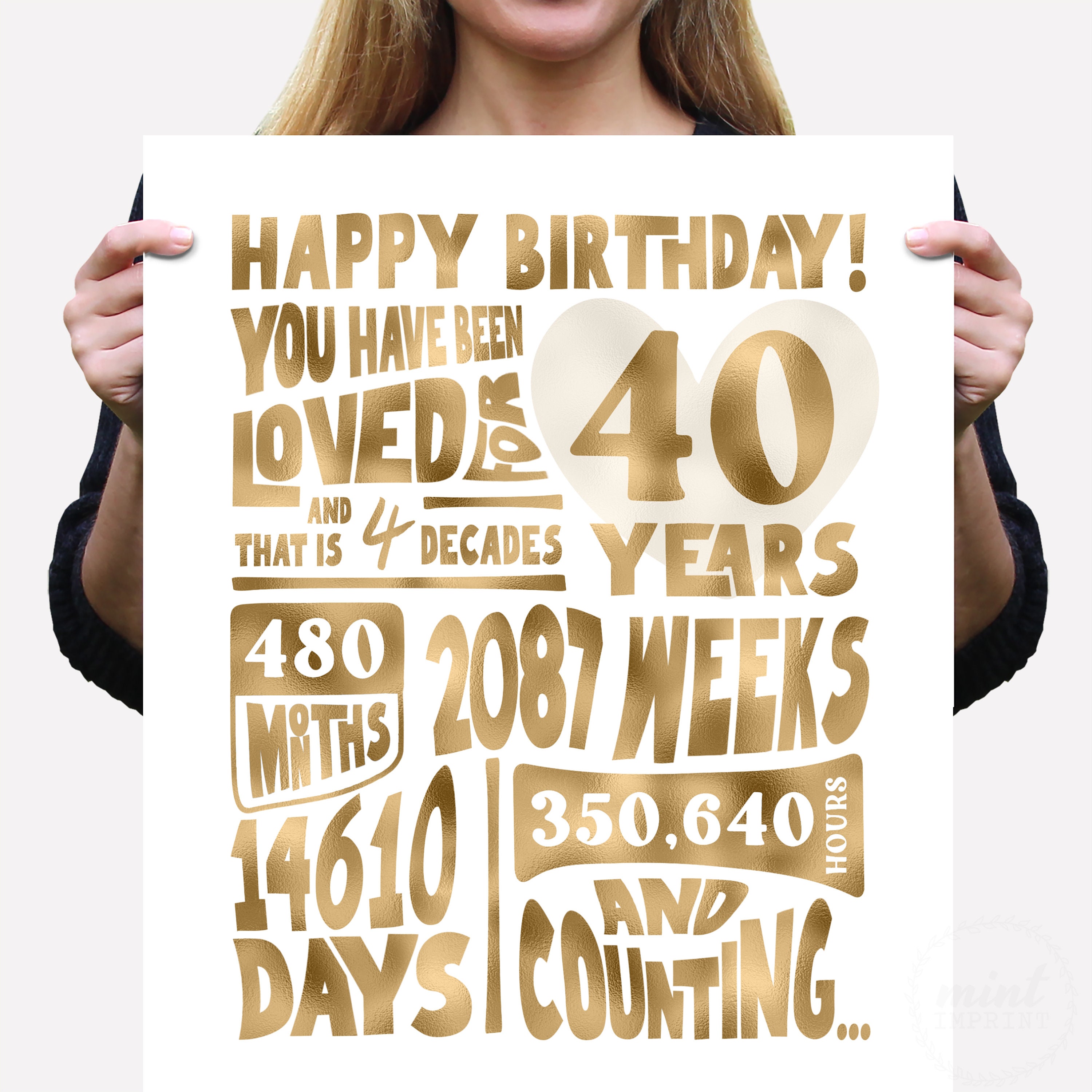 Loved for 40 Years Printable Sign | Gold Happy 40th Birthday Poster ...