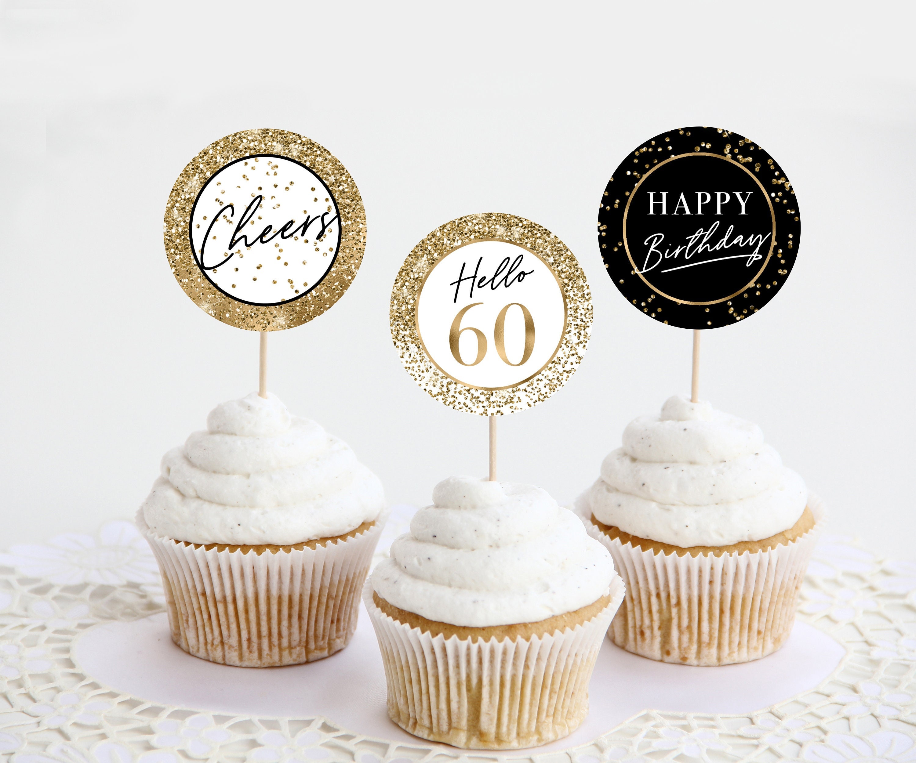 60th Birthday Cupcake Toppers Black Gold Glitter Party - Etsy