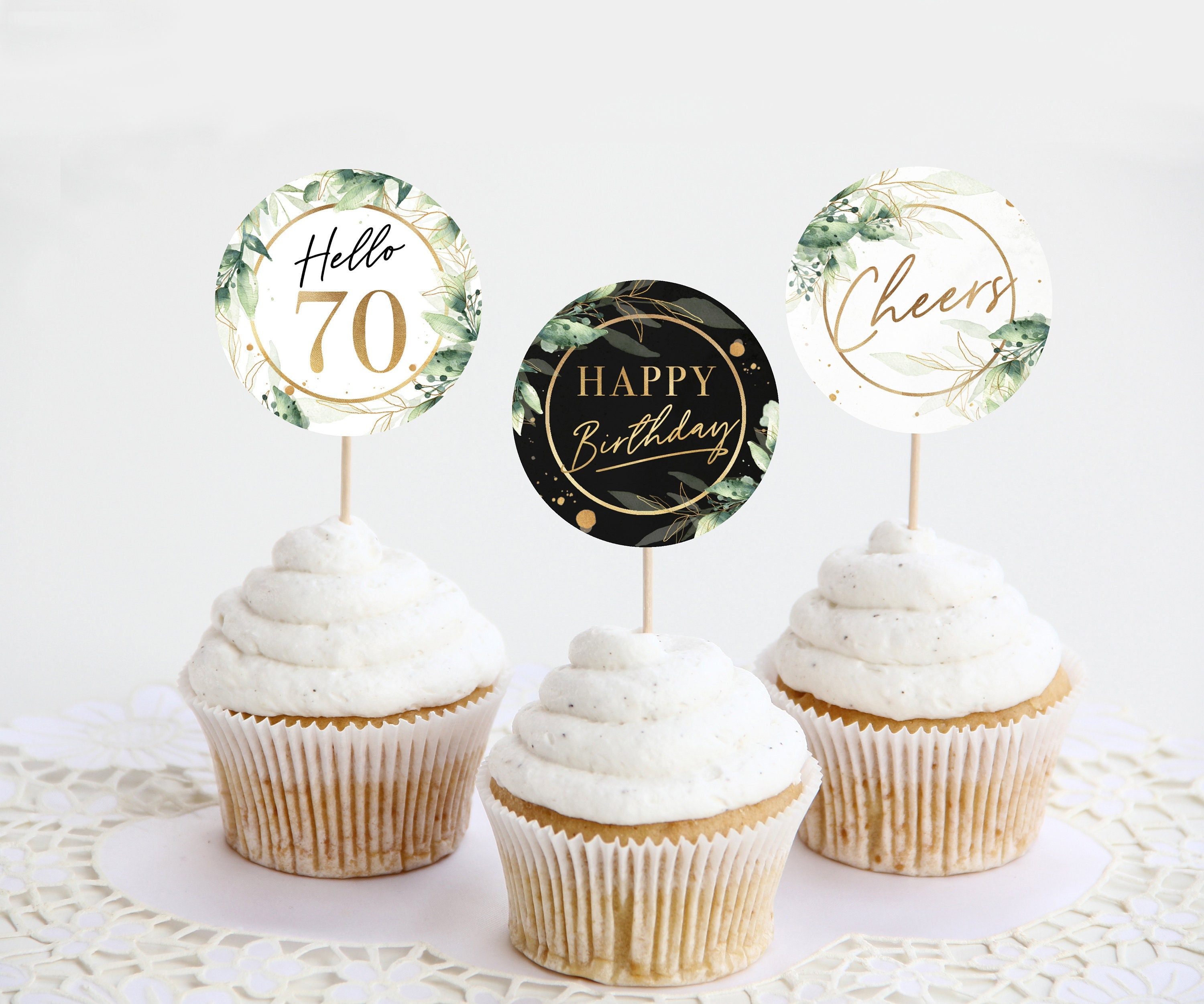70th Birthday Cupcake Decorations Greenery Botanical Gold Foil - Etsy