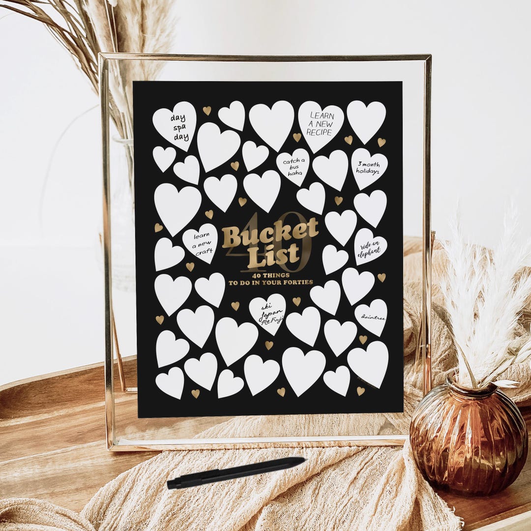 40th Birthday Bucket List Poster, Black Gold Party Sign (digital ...