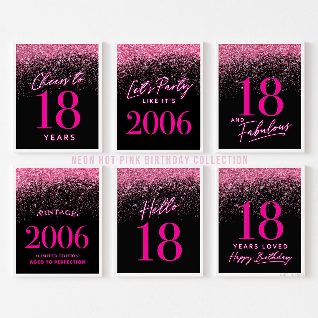Hot Pink 18th Birthday Decorations Printable Signs Neon Pink Black ...