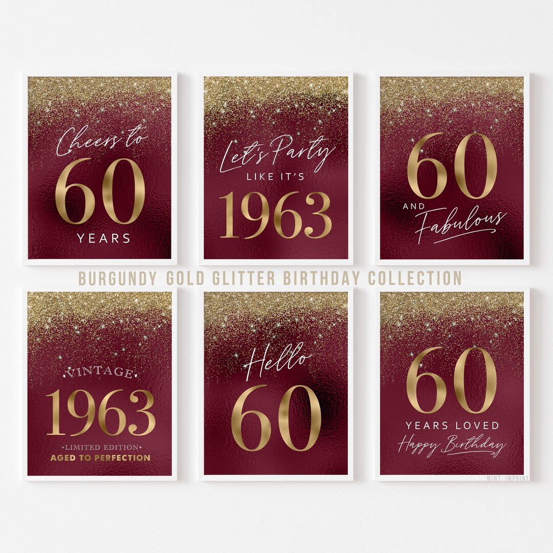 Burgundy Red and Gold 60th Birthday Printable Signs, Decorations for ...