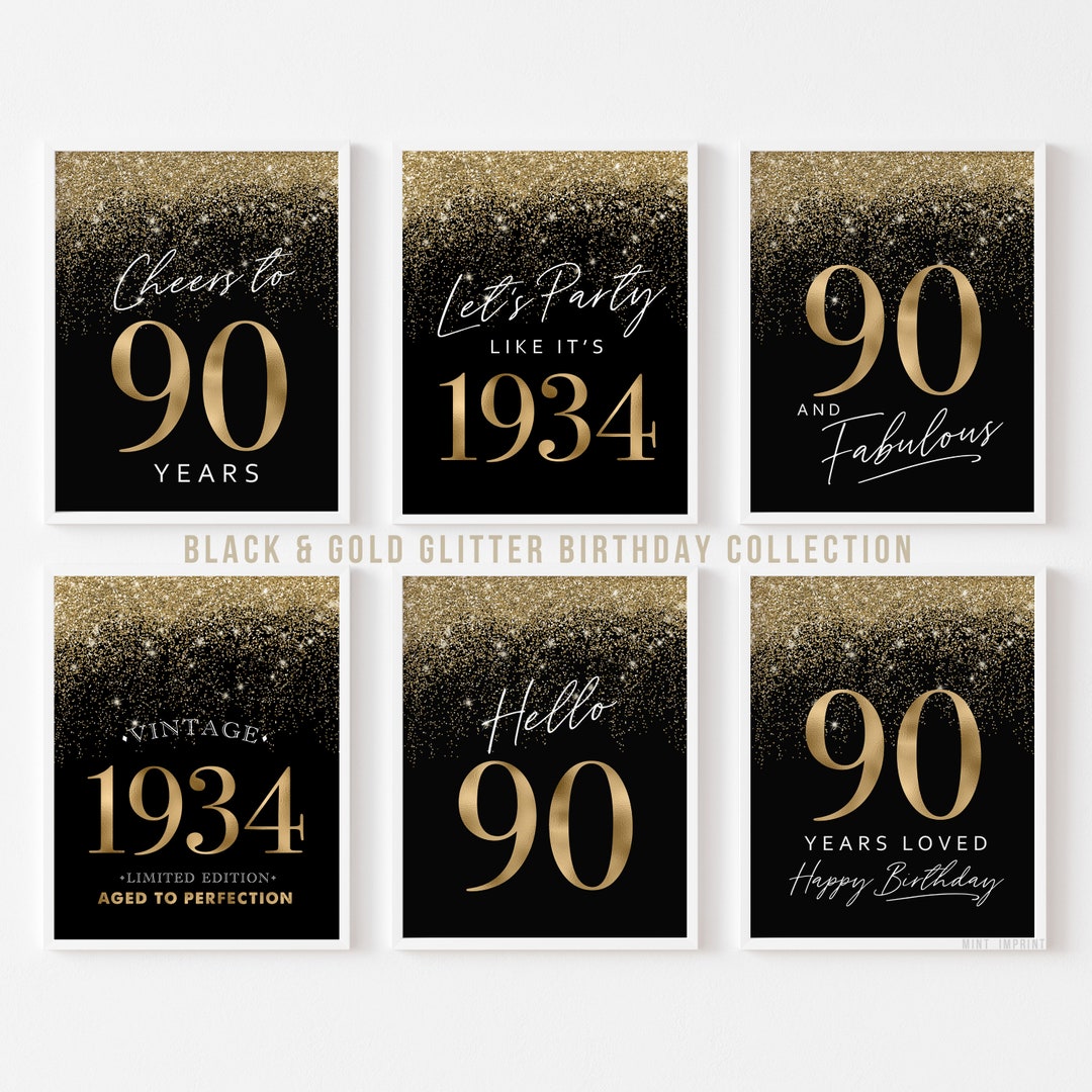 90th Birthday Signs for Men Decorations Black and Gold Glitter Party ...