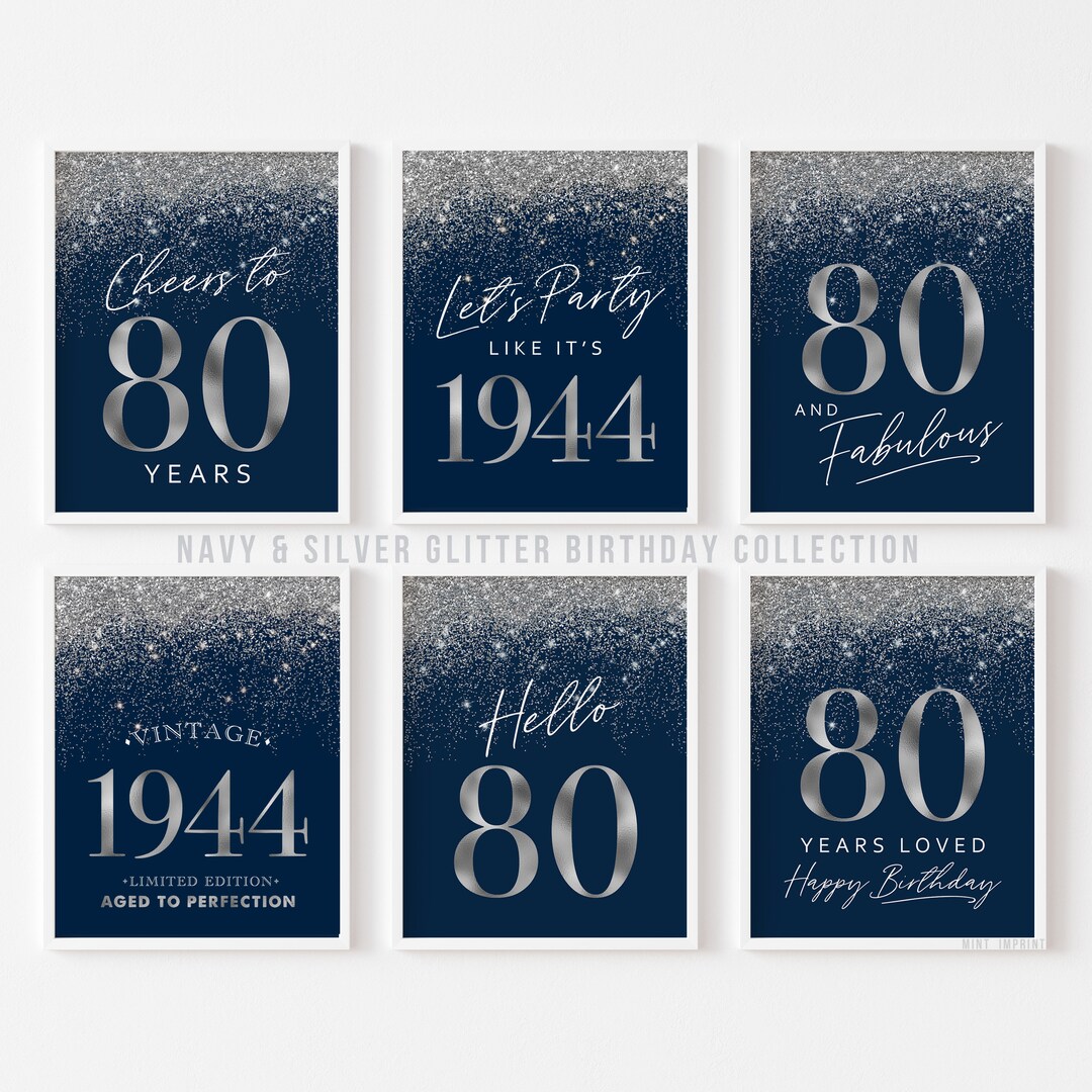 Navy Silver 80th Birthday Signs, Printable Decorations Blue Eighty for ...