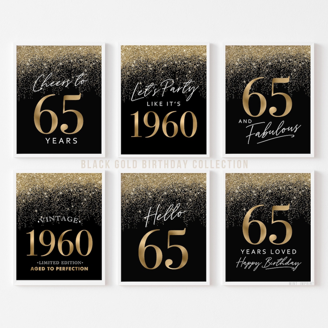 Male 65th Birthday Decor: Black and Gold Sign Bundle 65 Hello Cheers ...