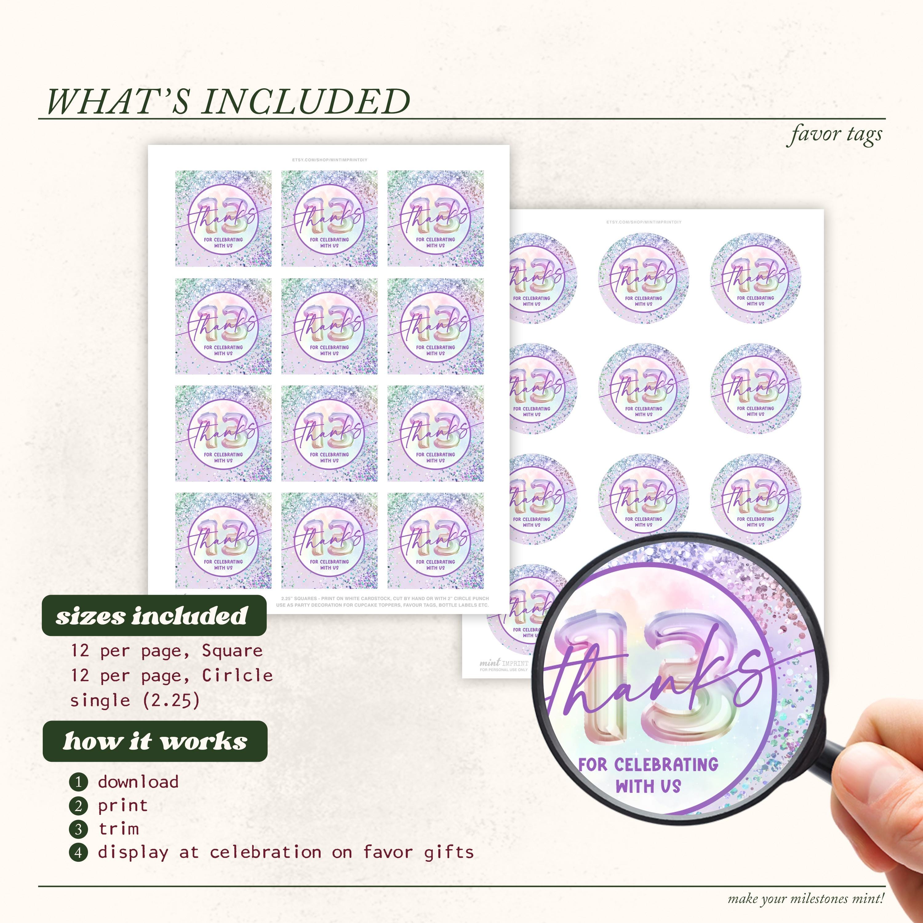 Favor Tags for 13th Birthday Decorations Girls Purple Pastel Rainbow ...