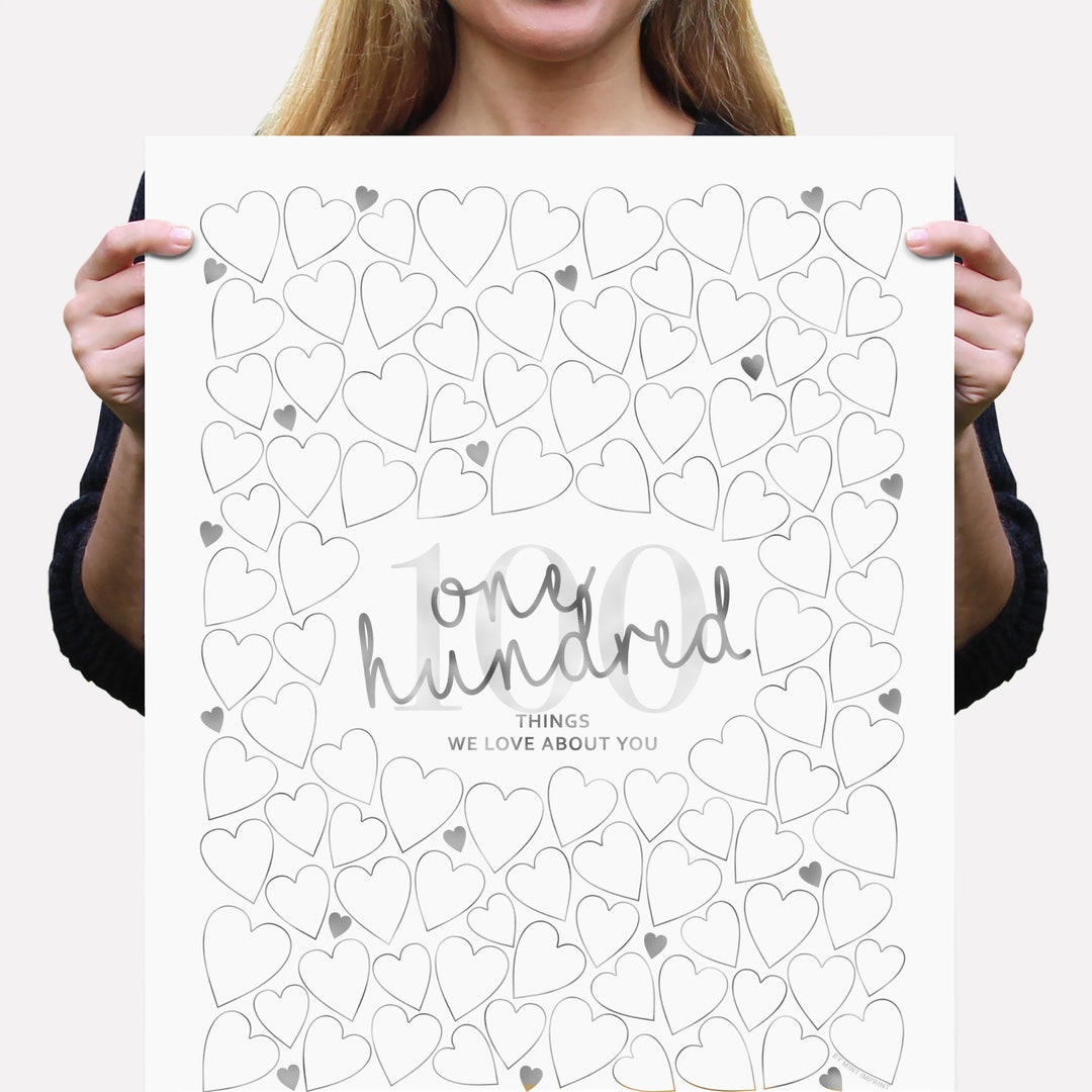 100th Birthday Sign Men or Women, Silver Hearts to Write in 100 Things ...