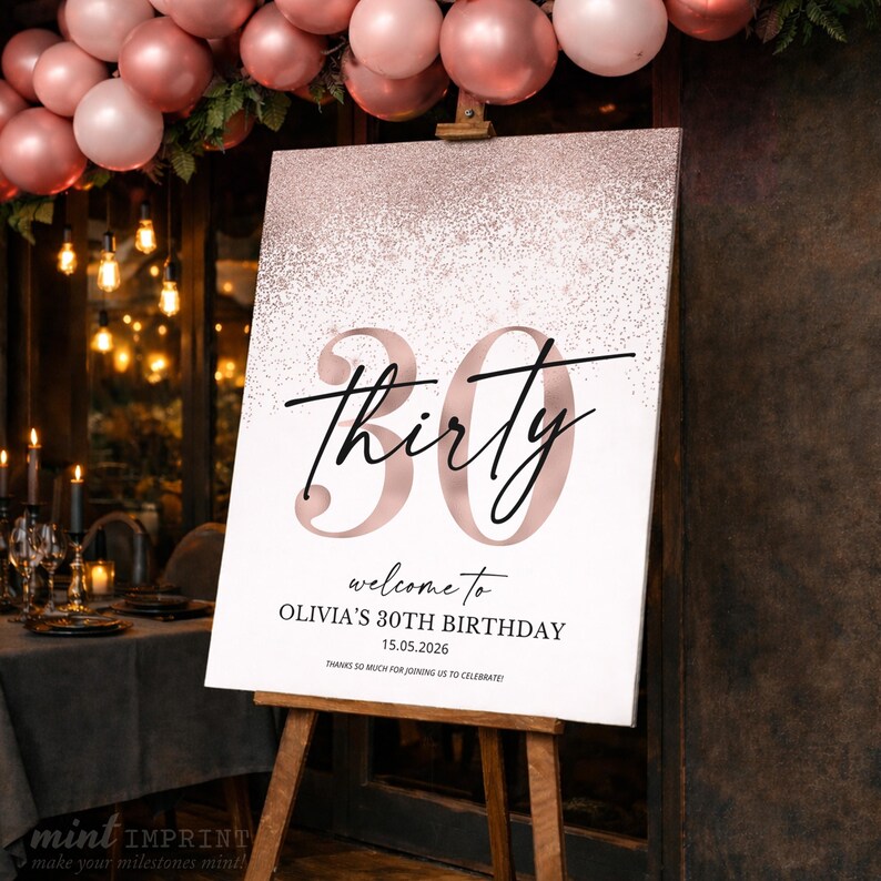 Rose Gold 30th Birthday Welcome Sign, Glitter Confetti Poster (editable ...