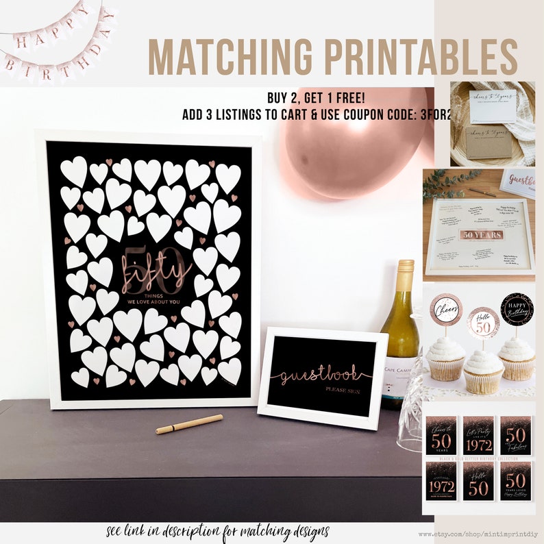 50th Printable Decorations Rose Gold and Black 50 Birthday - Etsy