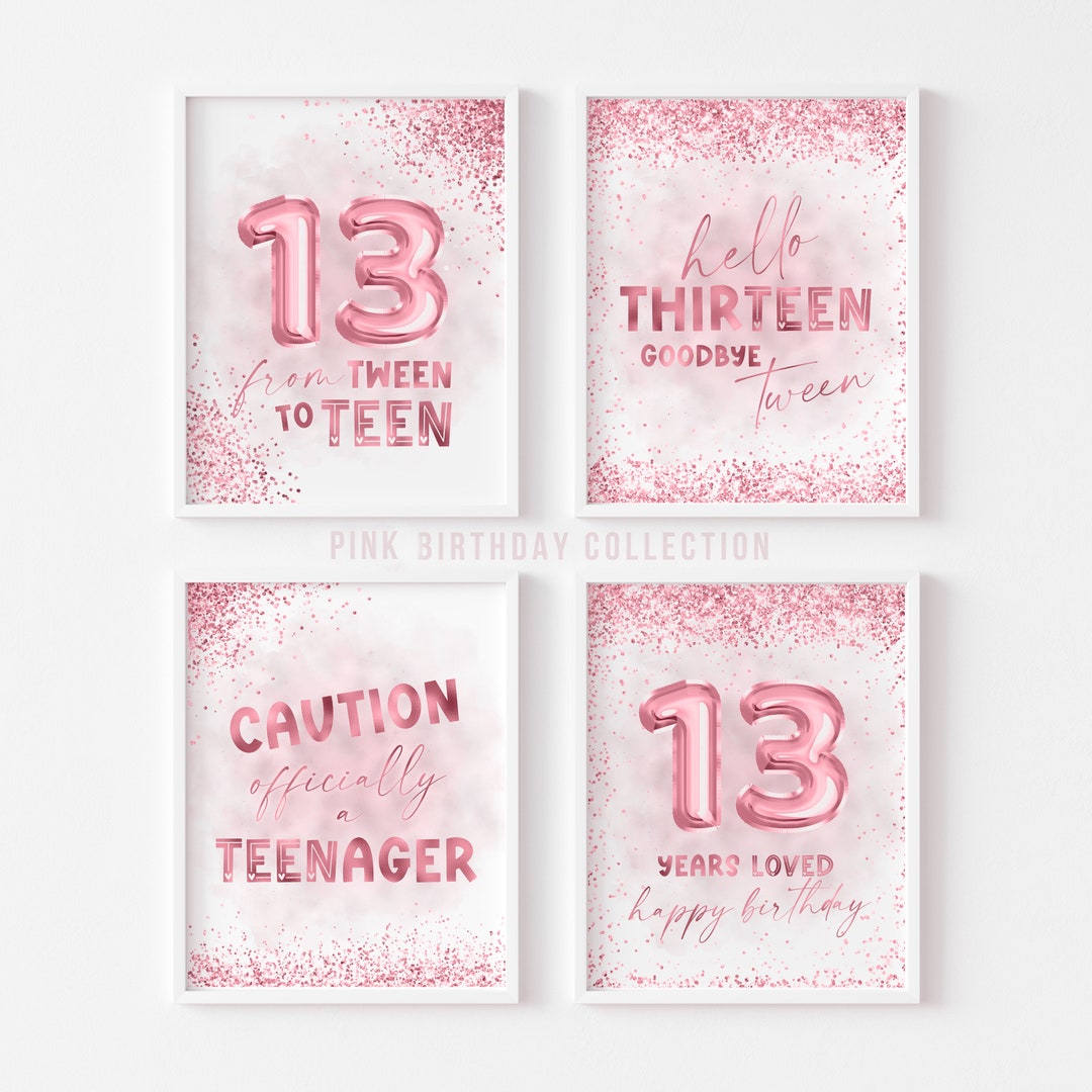 13th Birthday Signs Pink Decorations for Girls, Printable Party Signs ...