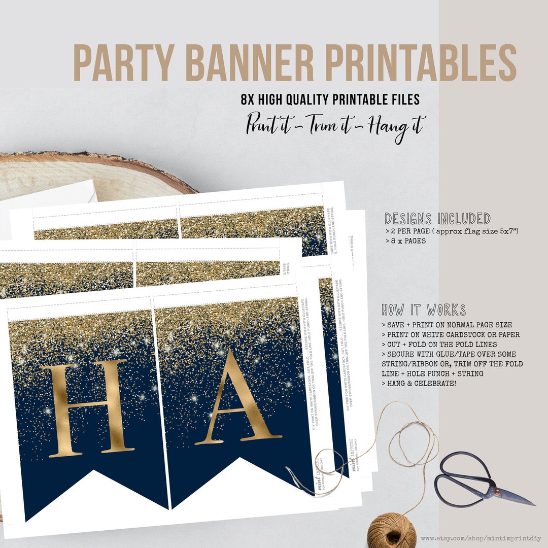 Happy Birthday Bunting Navy Blue Gold Sparkle Glitter Flag Banner ...