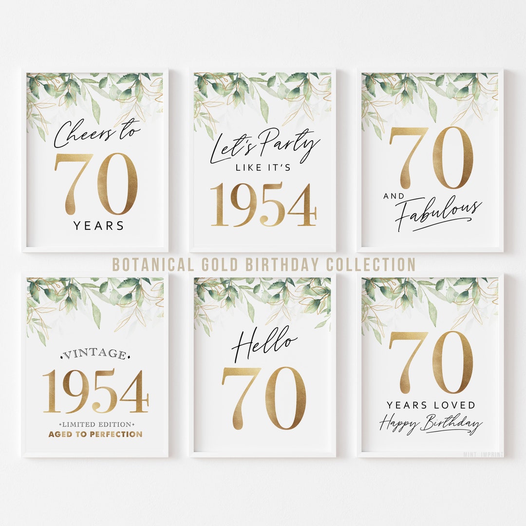 70th Birthday Printable Signs Gold Botanical, 70 Signs for Women 2024 ...