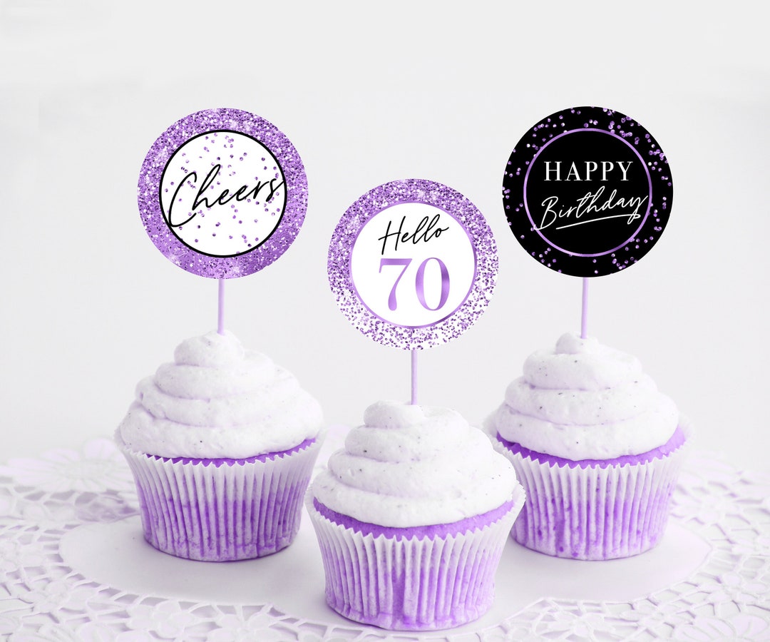 70th Birthday Cupcake Toppers | Purple Confetti Circle and Square Tags ...