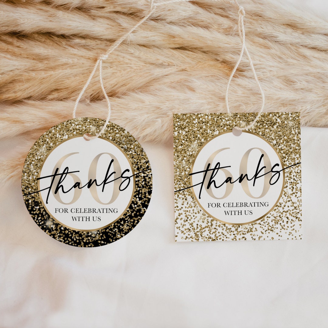 60th Birthday Favor Tags, Gold Black White Glitter Party Decorations ...