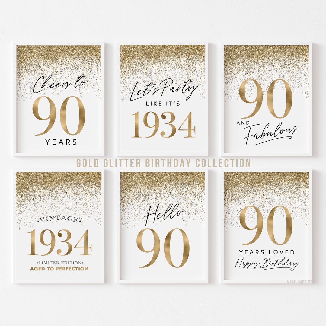 Gold Decorations for 90th Birthday Party, Printable 90 Birthday Signs ...