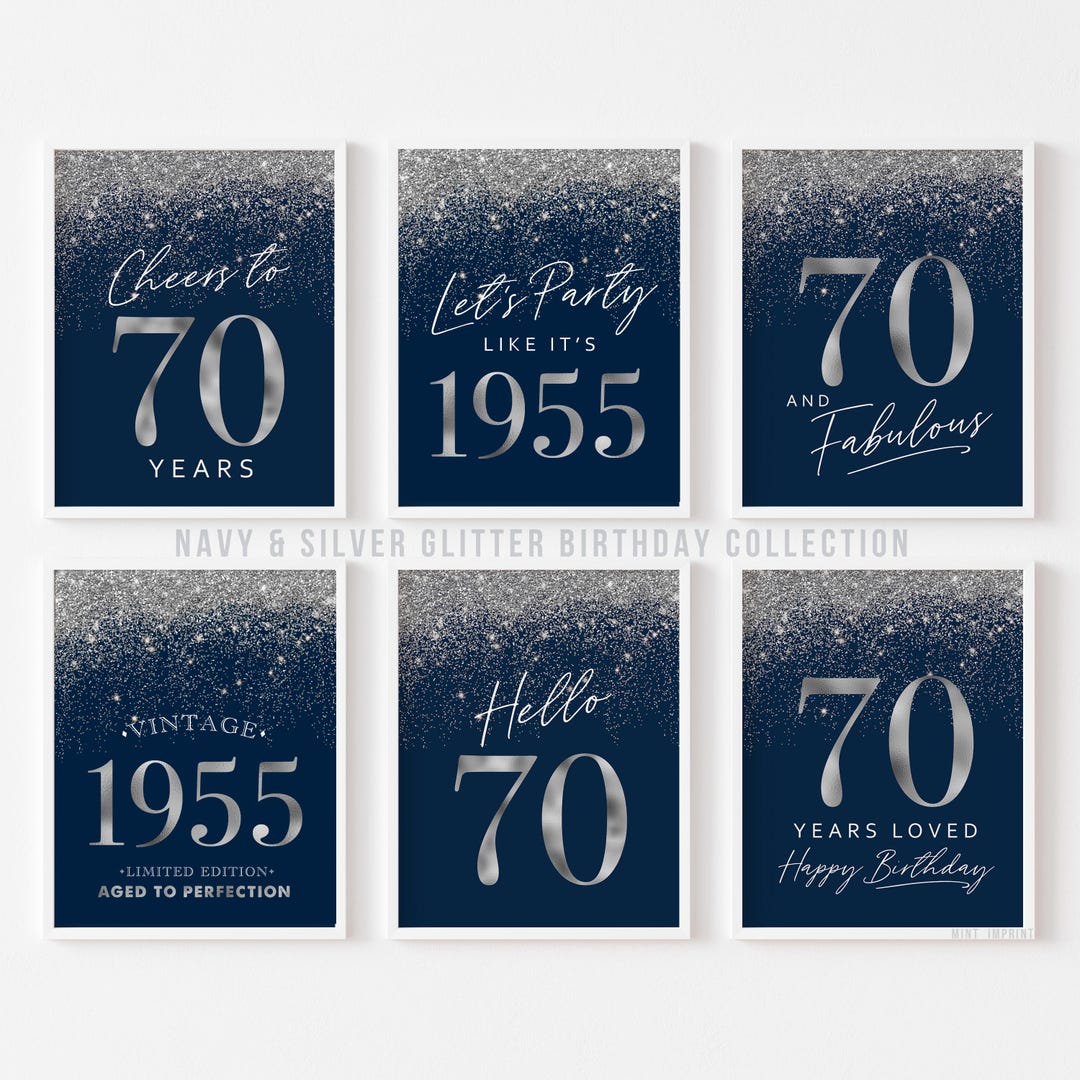 70th Birthday Signs Navy Blue Silver: Happy 70 Hello Vintage 1955 ...