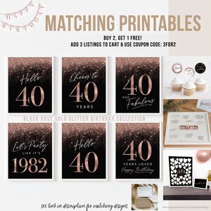 40th Printable Decorations Black Rose Gold, 40 Birthday Signs for Women ...