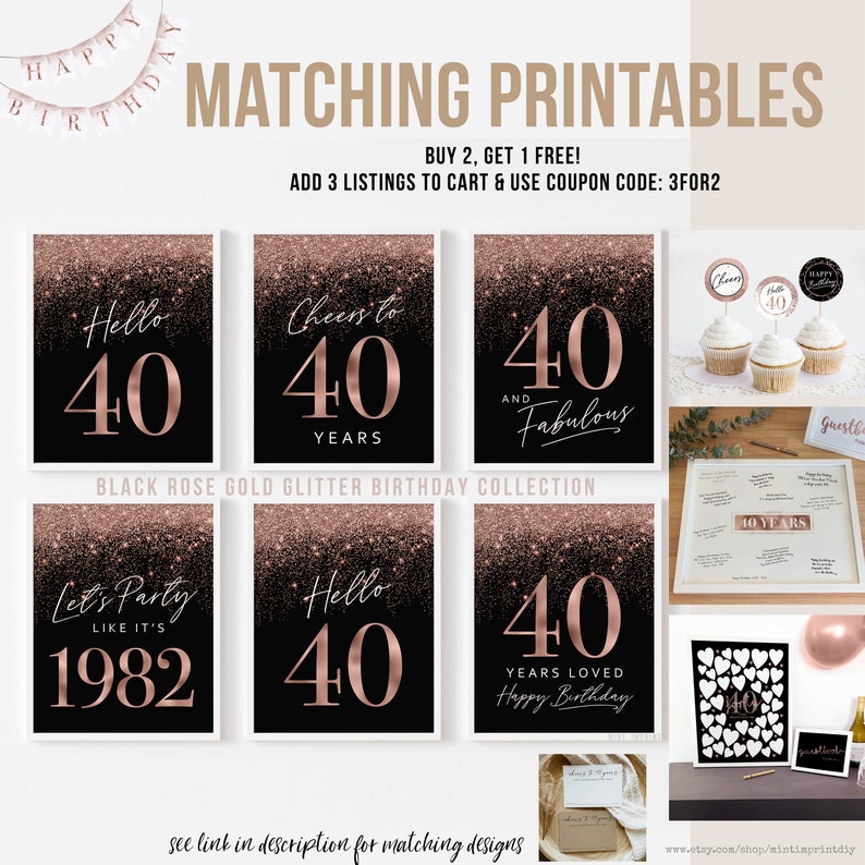 40th Printable Decorations Black Rose Gold 40 Birthday Signs - Etsy