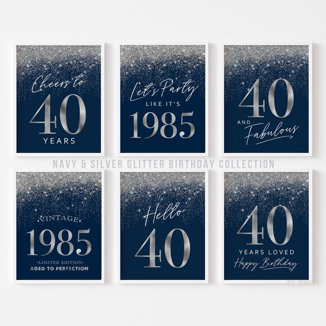 40th Birthday Table Signs Navy Blue Silver, Decoration Men Women, Forty ...