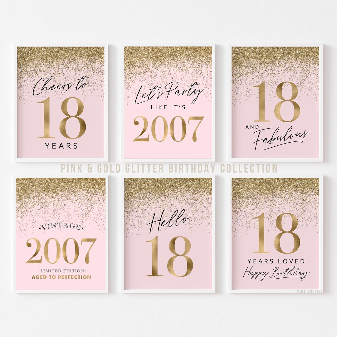 18th Birthday Decorations: Pink & Gold Glitter Printable Table Sign ...