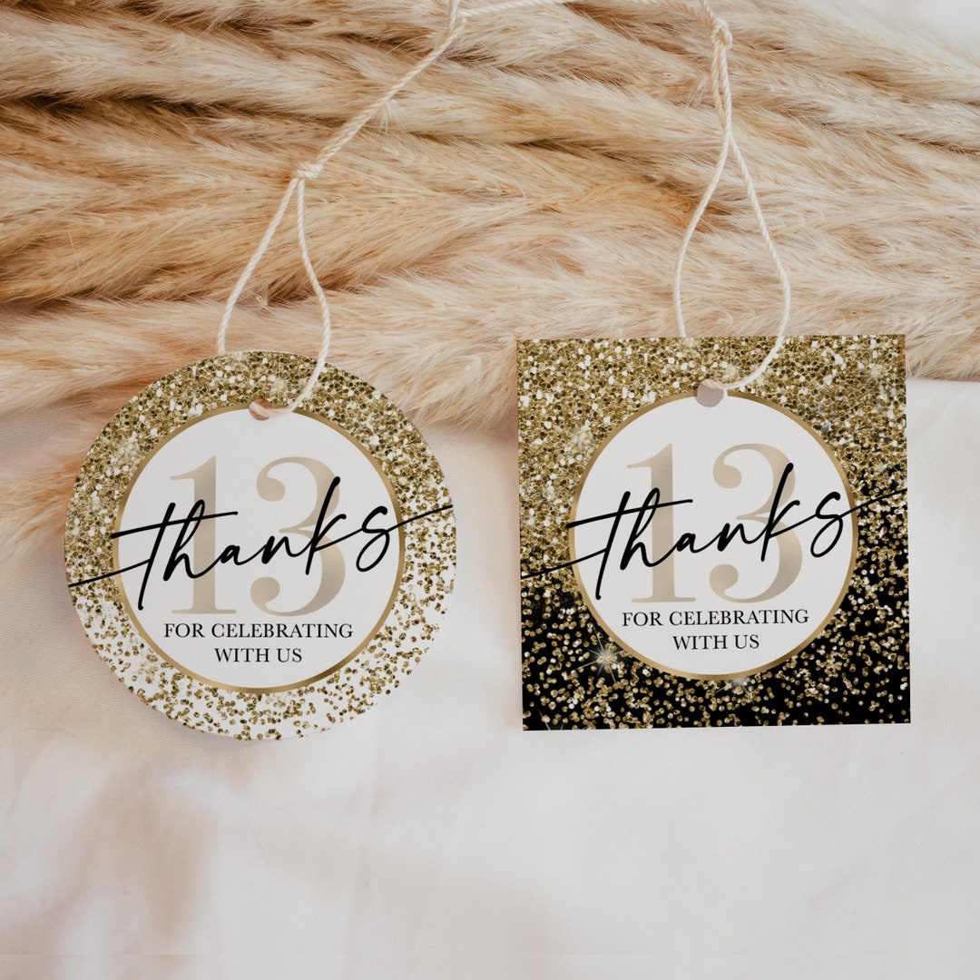 13th Birthday Thank You Tags, Gold Black White Glitter Party Decor, 13 ...