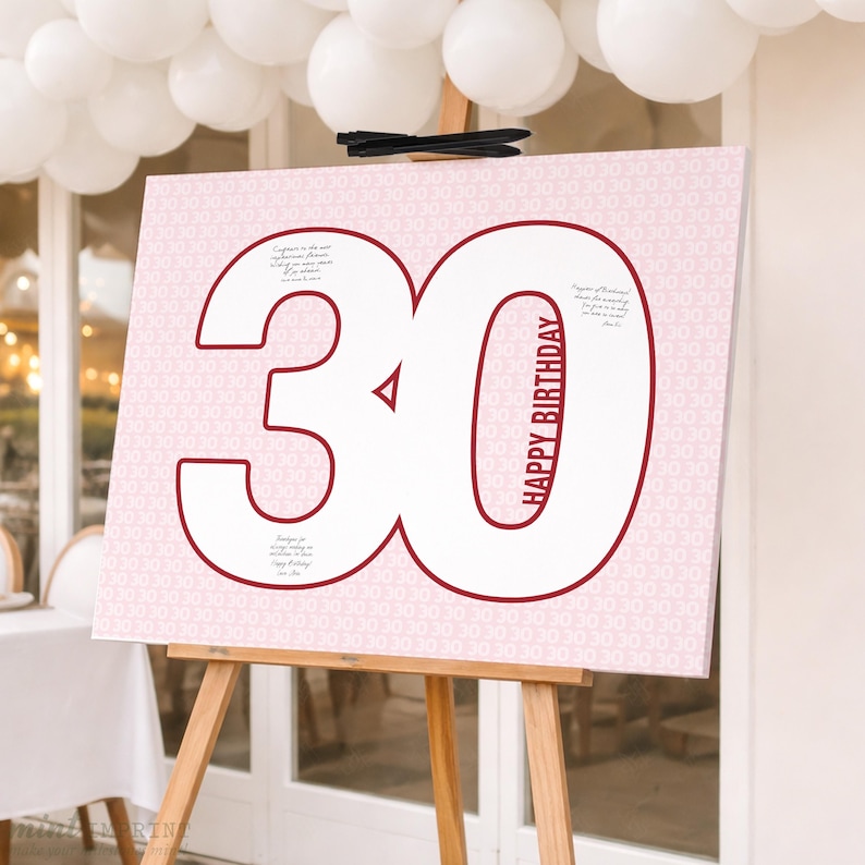 Customizable 30th Birthday Sign, Pink Red Party Guest Board Number 30 ...