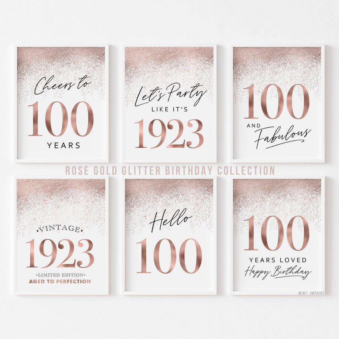 100th Birthday Party Decorations Rose Gold Printable Signs for - Etsy