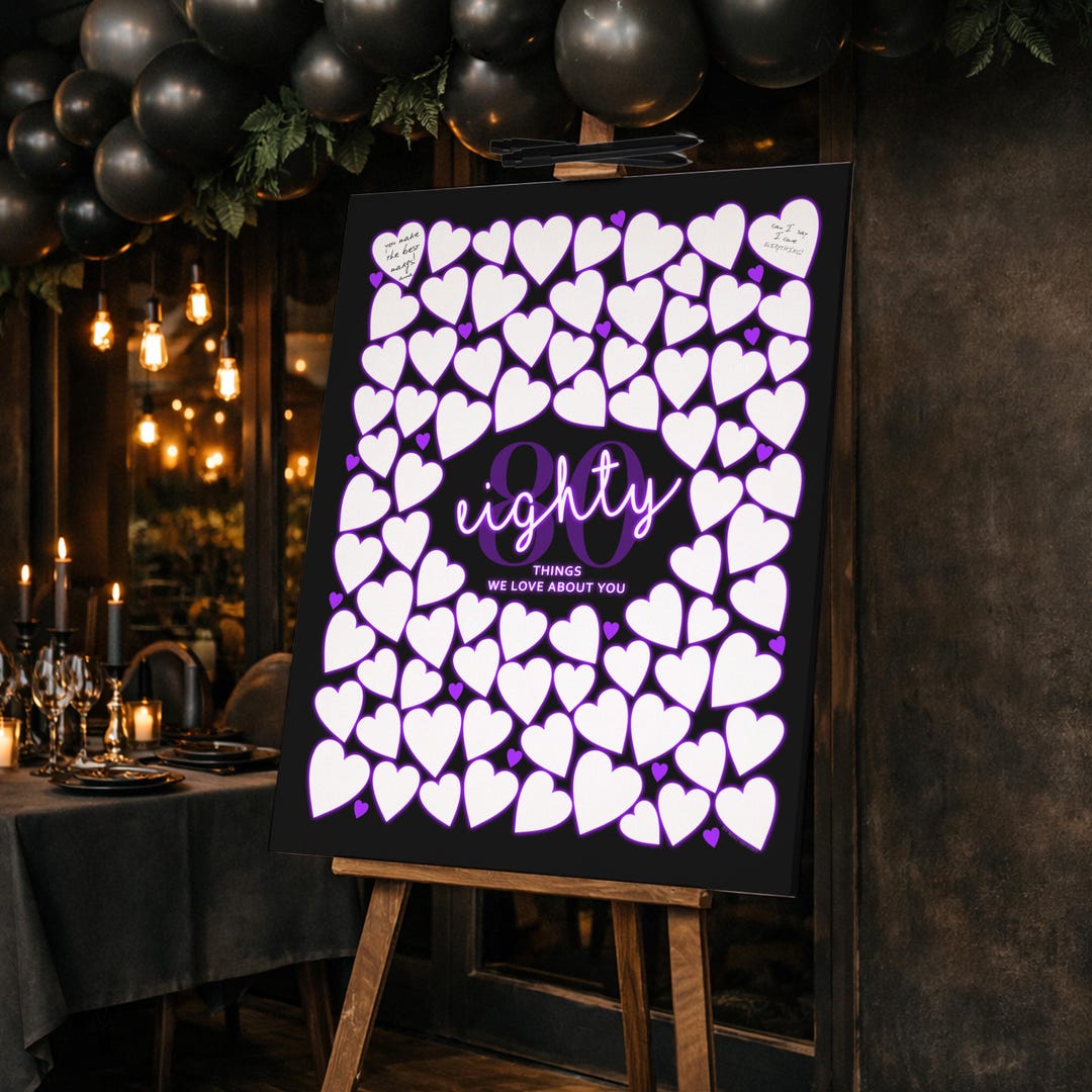 80th Birthday Guest Book Poster - Black Dark Purple Neon - 80 Things We ...