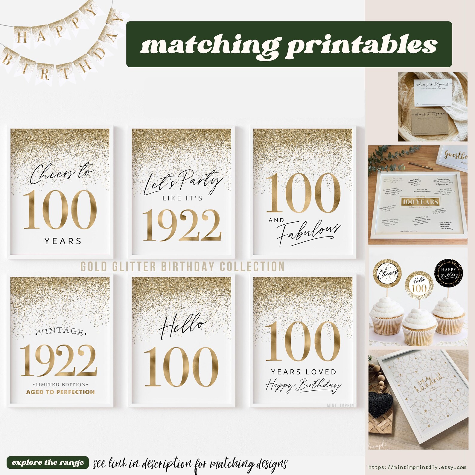100th Birthday Party Signs Gold Decorations Printable Signs for Women's ...
