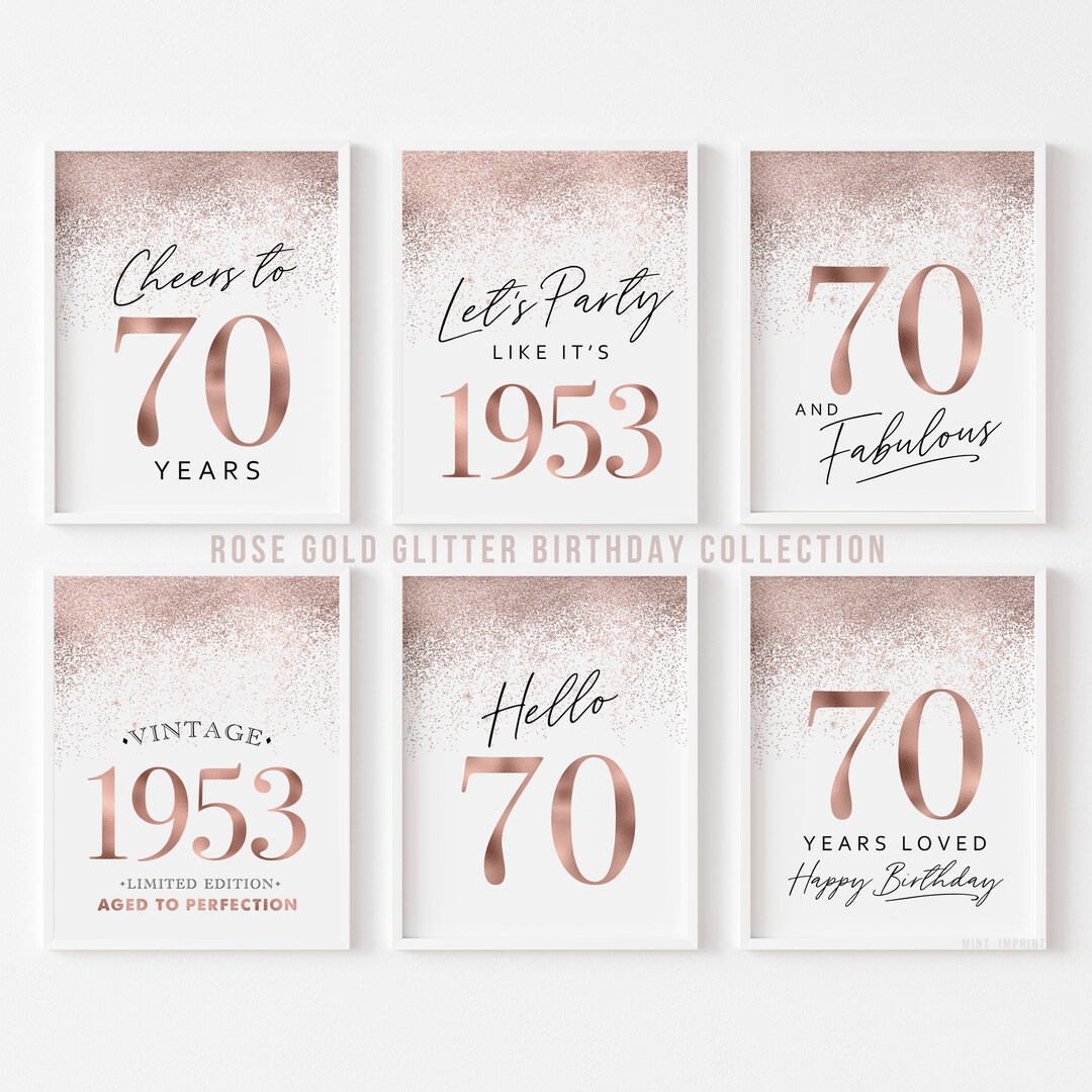 Rose Gold 70th Birthday Party Decorations, Printable 70 Birthday Signs ...