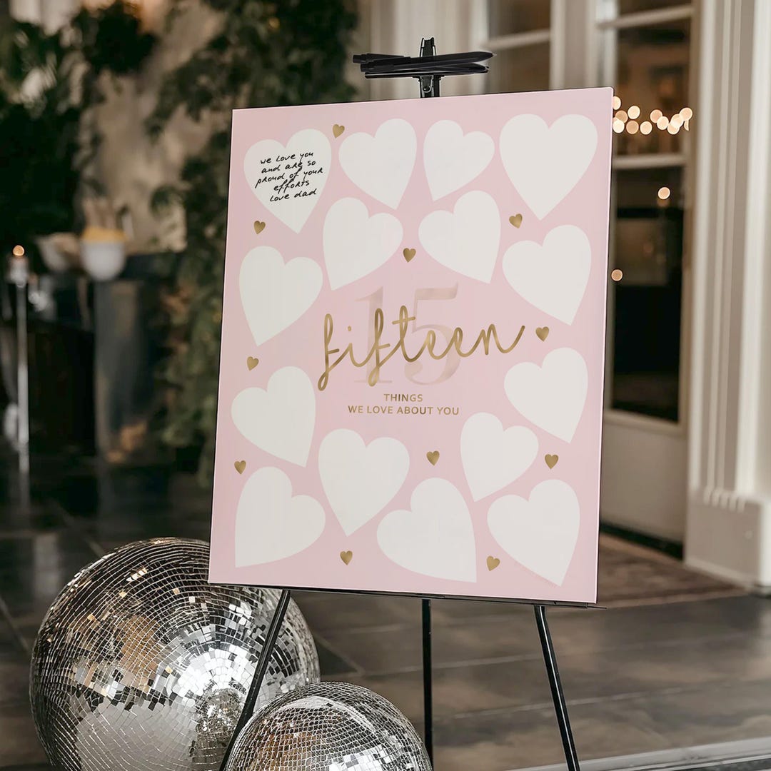 Teen Girls 15th Birthday Sign, 15 Things We Love, Pink Gold Party Decor ...