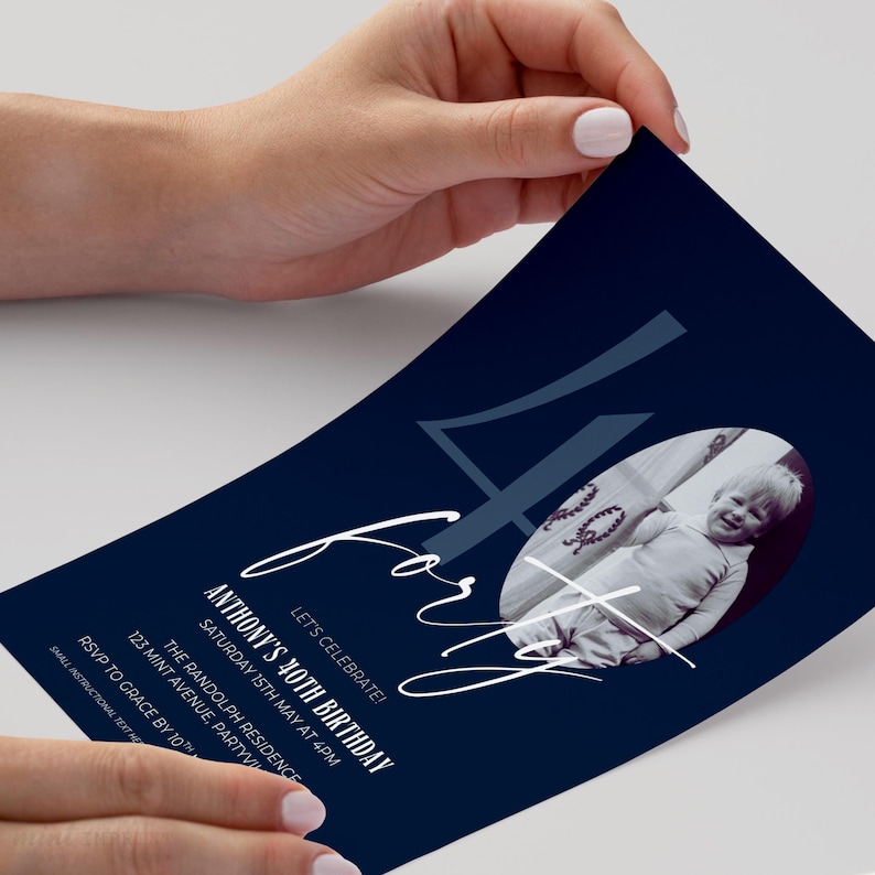 Navy Blue Photo Invitation Template for 40th Birthday, Male or Female ...